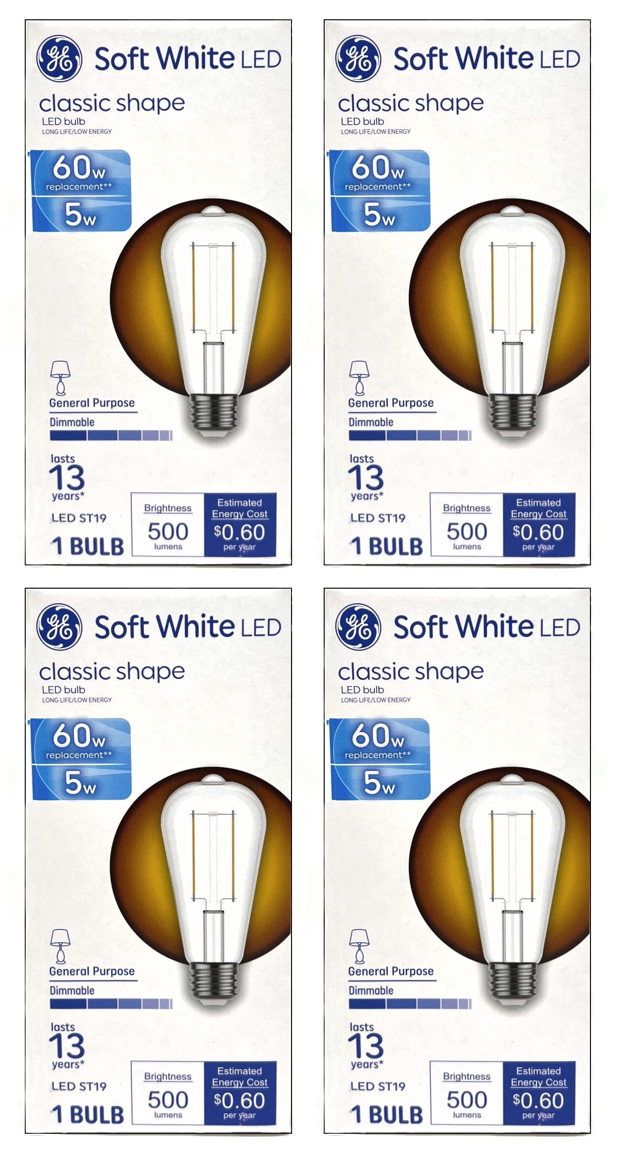 (4 bulbs) GE LED ST19 Soft White, 5 watt, 500 lumens, Dimmable, 60 watt ...