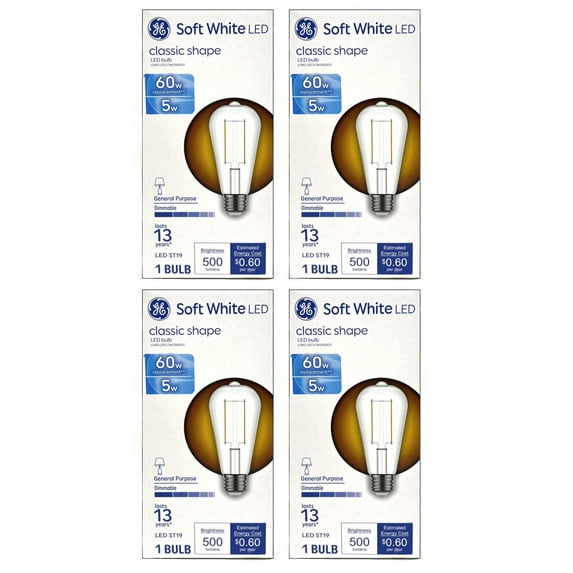 (4 bulbs) GE LED ST19 Soft White, 5 watt, 500 lumens, Dimmable, 60 watt ...
