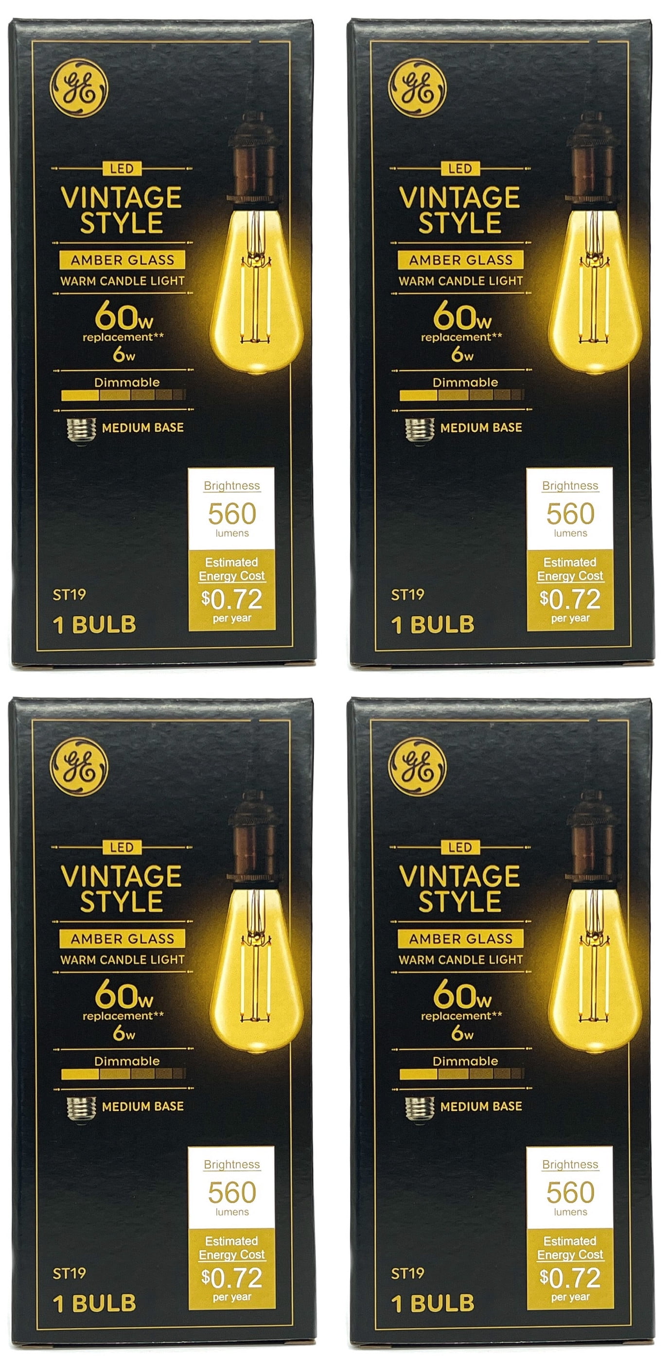 (4 bulbs) GE Vintage LED ST19, Amber Glass, 6 watts, 560 lumens ...