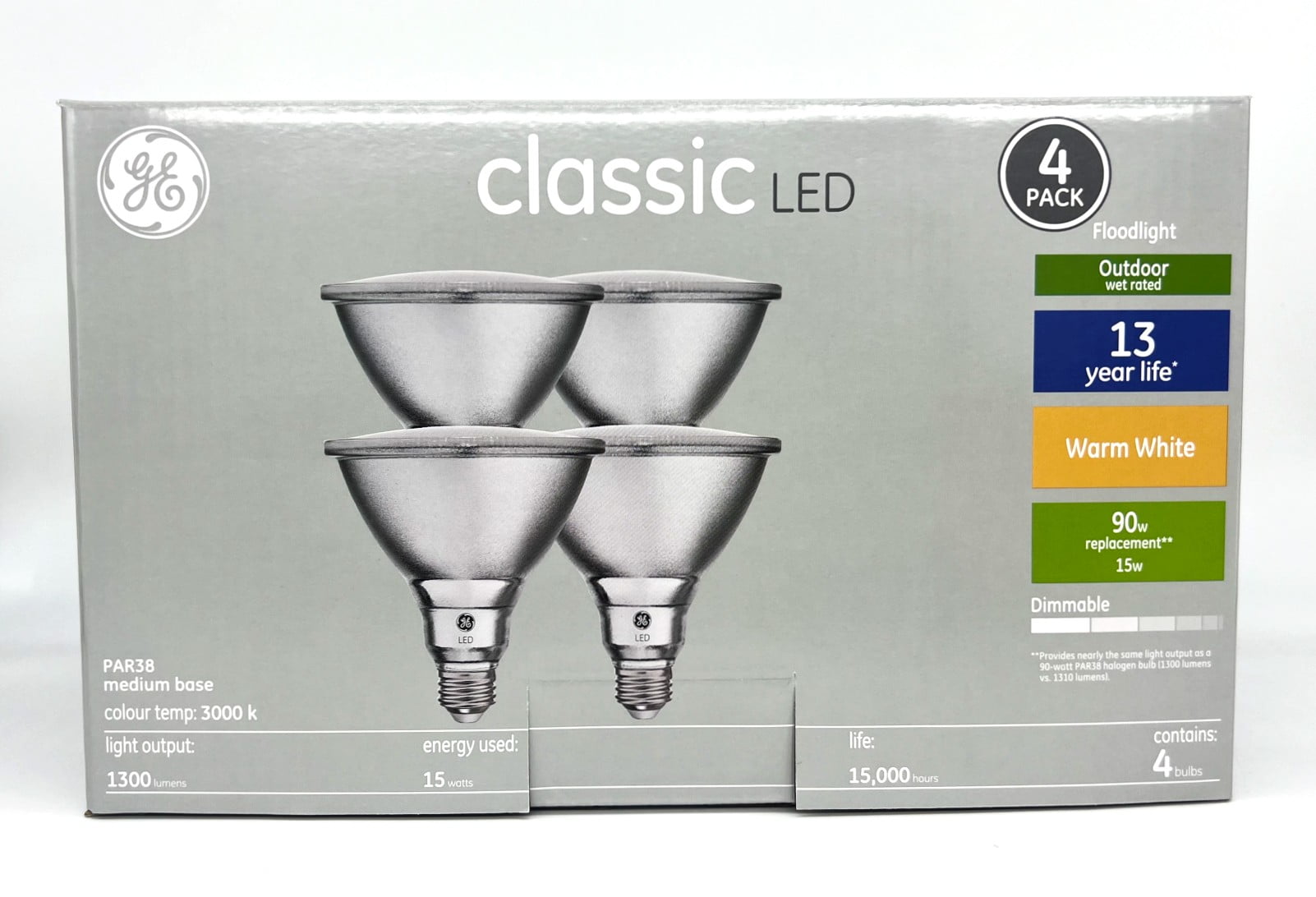 (4 bulbs) GE classic LED PAR38 Floodlight, 15 watt, 1300 lumen, warm ...