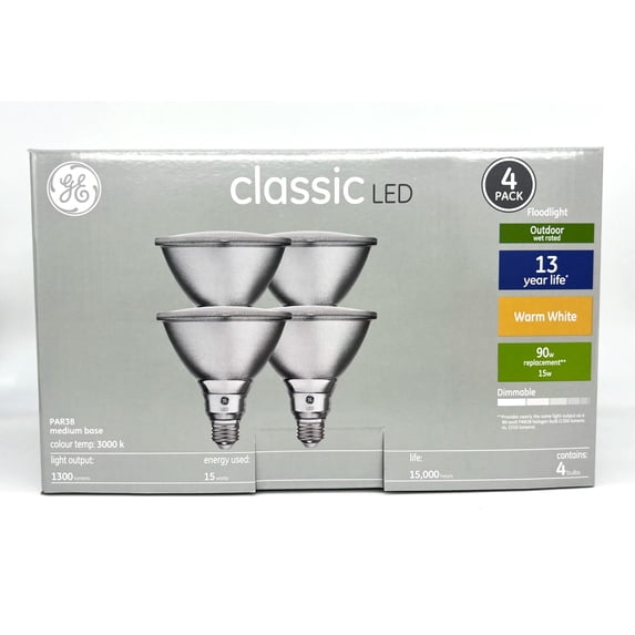 (4 bulbs) GE classic LED PAR38 Floodlight, 15 watt, 1300 lumen, warm ...