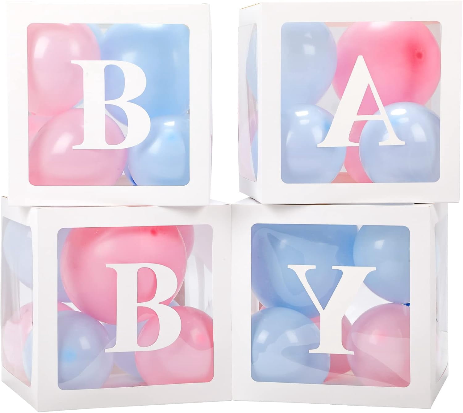 4 clear balloon boxes with letters, can be used for gender reveal ...