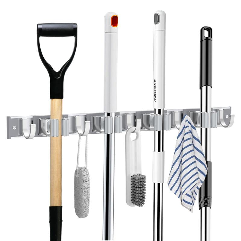 4 clips, 5 hooks,Stainless Steel Broom Hanger Wall Mount，Broom and Mop ...