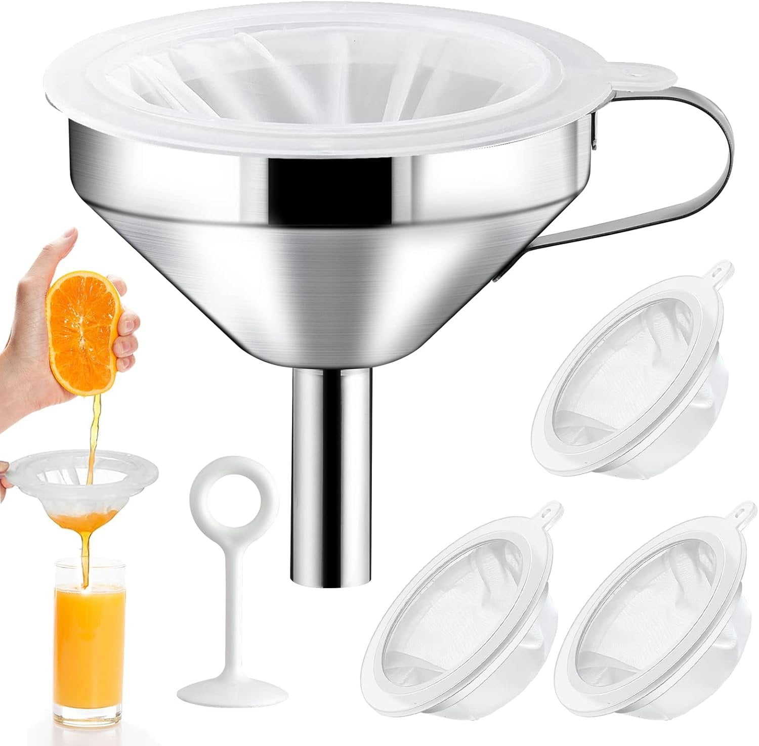 4 count 200 Mesh Filter Strainer with 1 count Funnel and Squeezing Rod ...