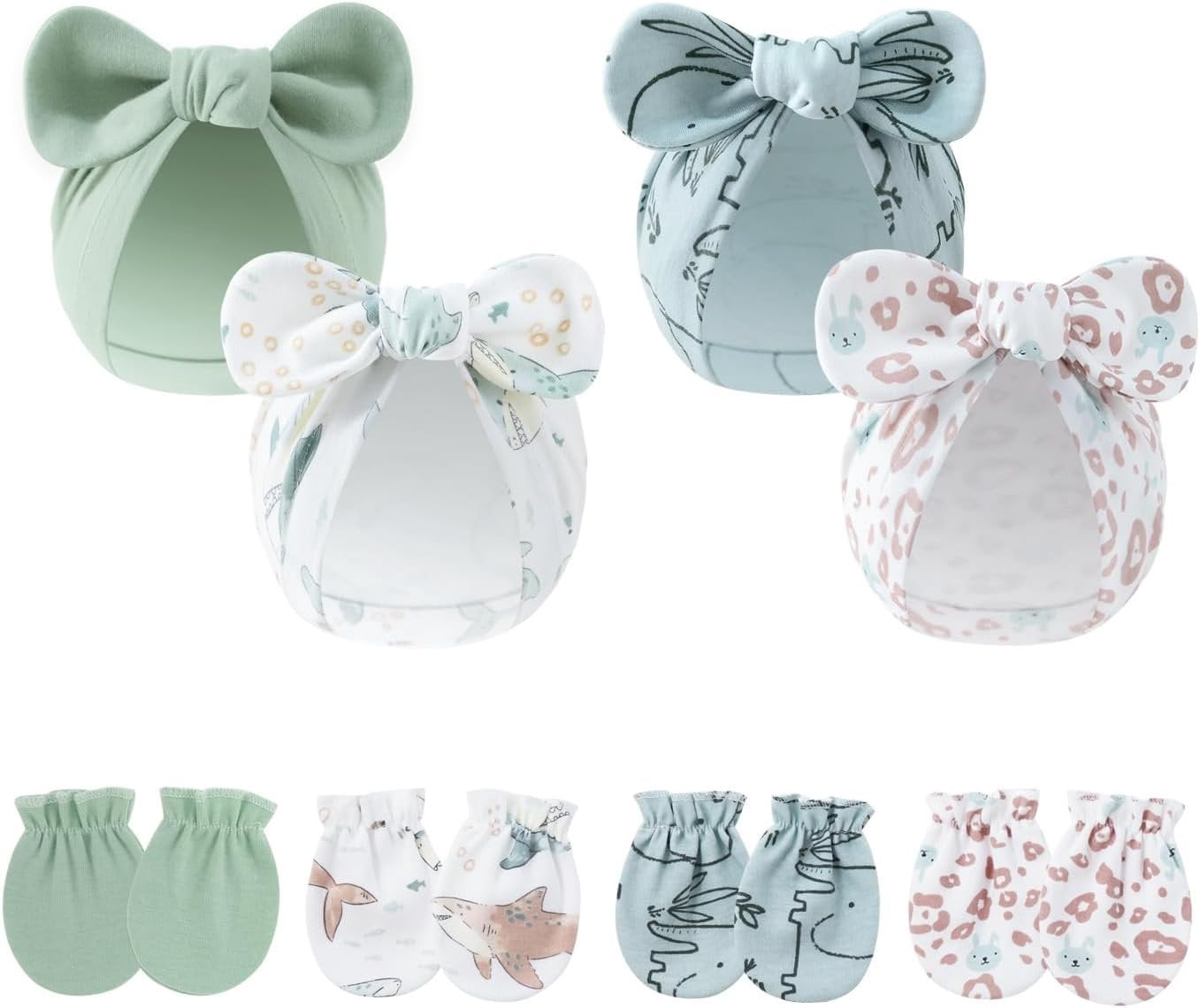 4 count Hats Beanie Bow Caps Preemie Hats No Scratch Mittens Set for 0 ...