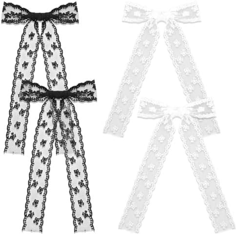 4 count Lace Bow Knot Clip Lace Hair Bow White Black Laces Tulle Bows ...