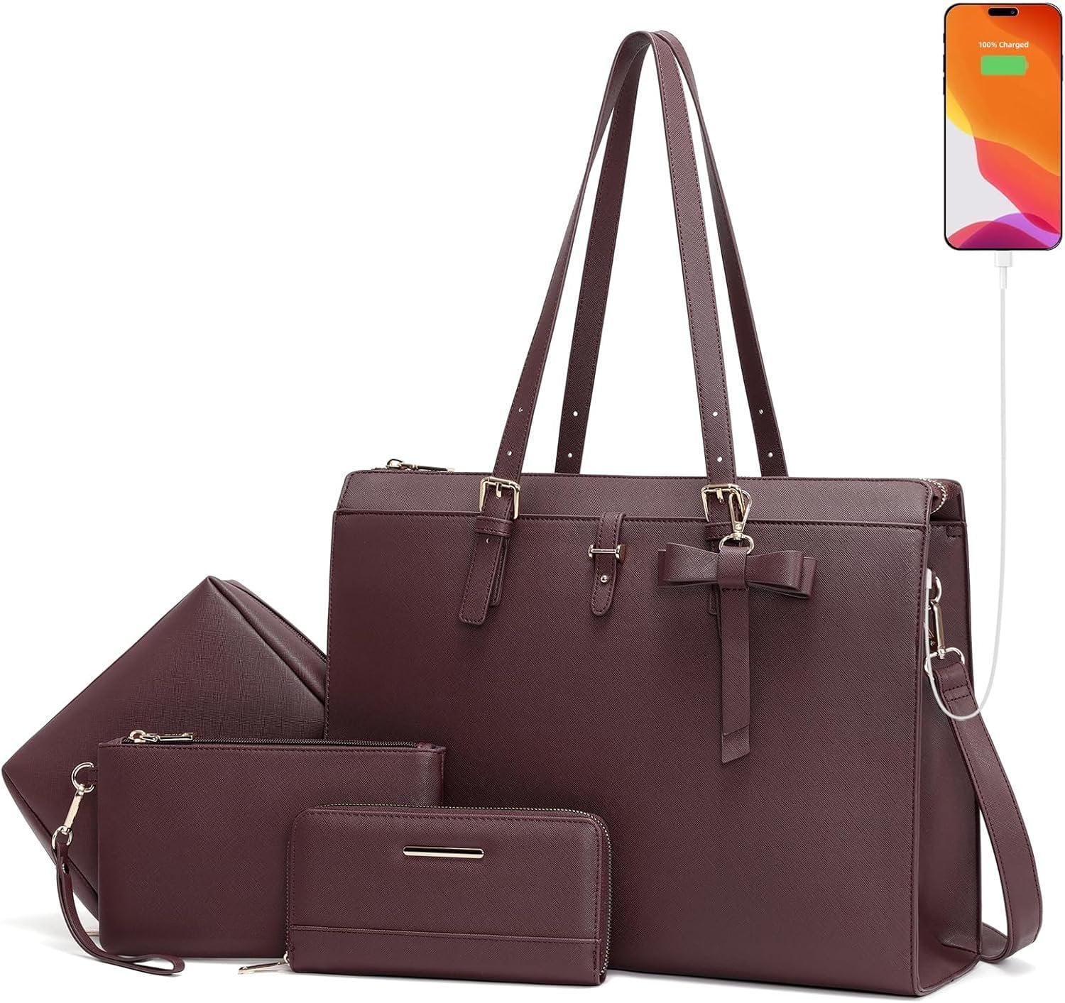 4 count Sets Laptop Bag for Women Large Leather Laptop Briefcase with ...