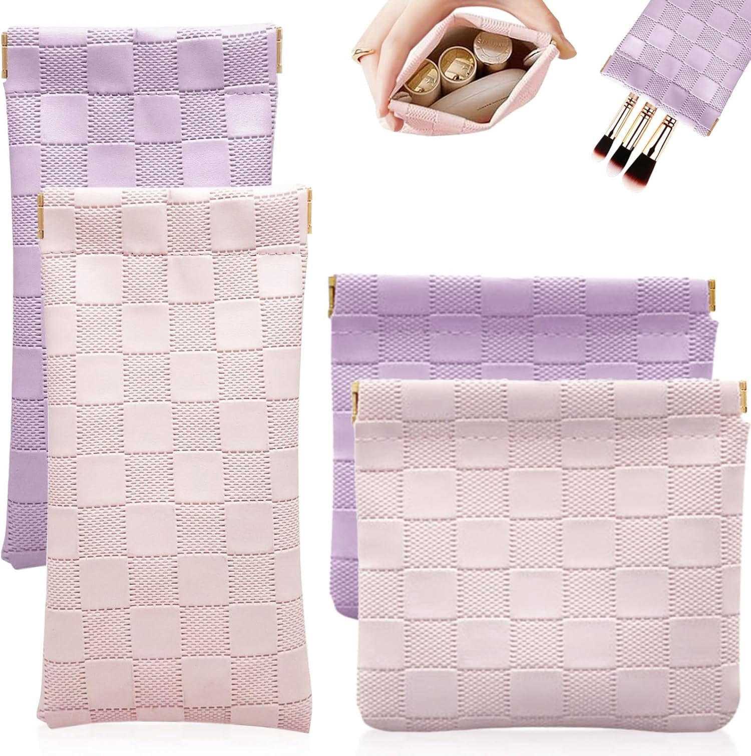 4 count Small Makeup Bag for Purse, Mini Checkered Leather Purse ...