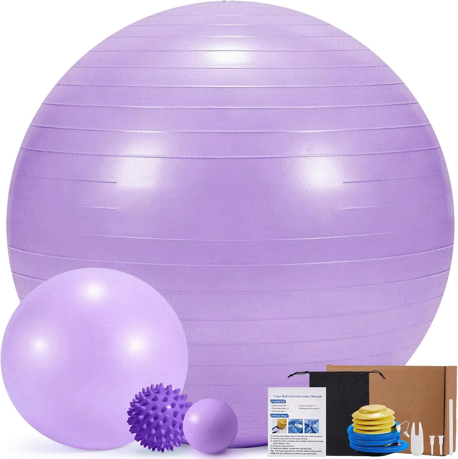 4 count Yoga Ball Set includes Large and 9in Pilates Balls, Massage ...