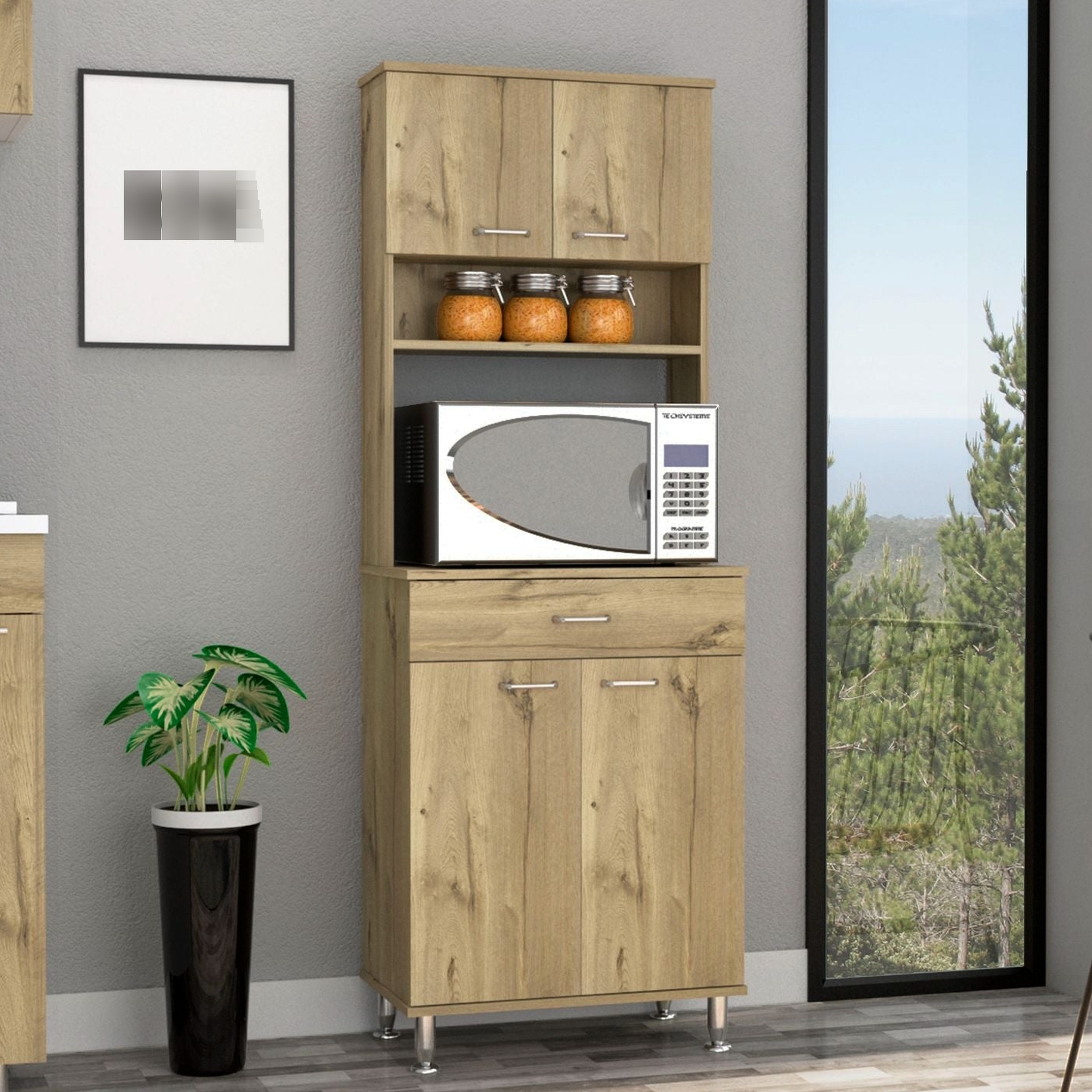 4-door Oak Pantry Cabinet - 67" H, 1 Drawer, 3 Internal Shelves, 2 ...