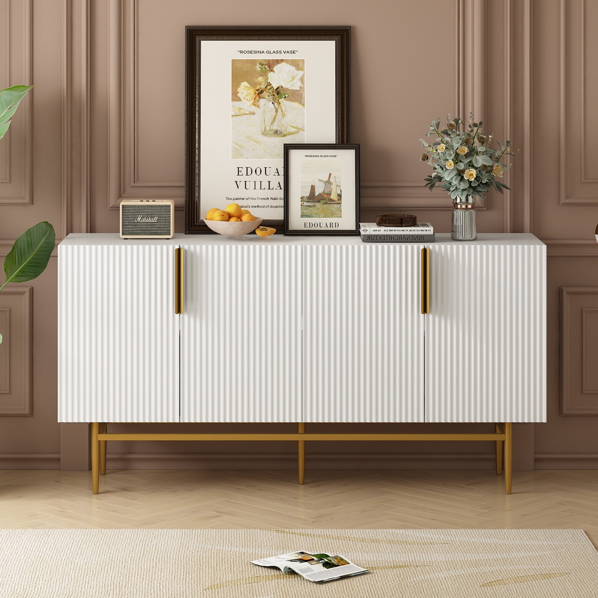 4-door Sideboard Gold Metal Handle Buffet Cabinet - N/A White - Walmart.com