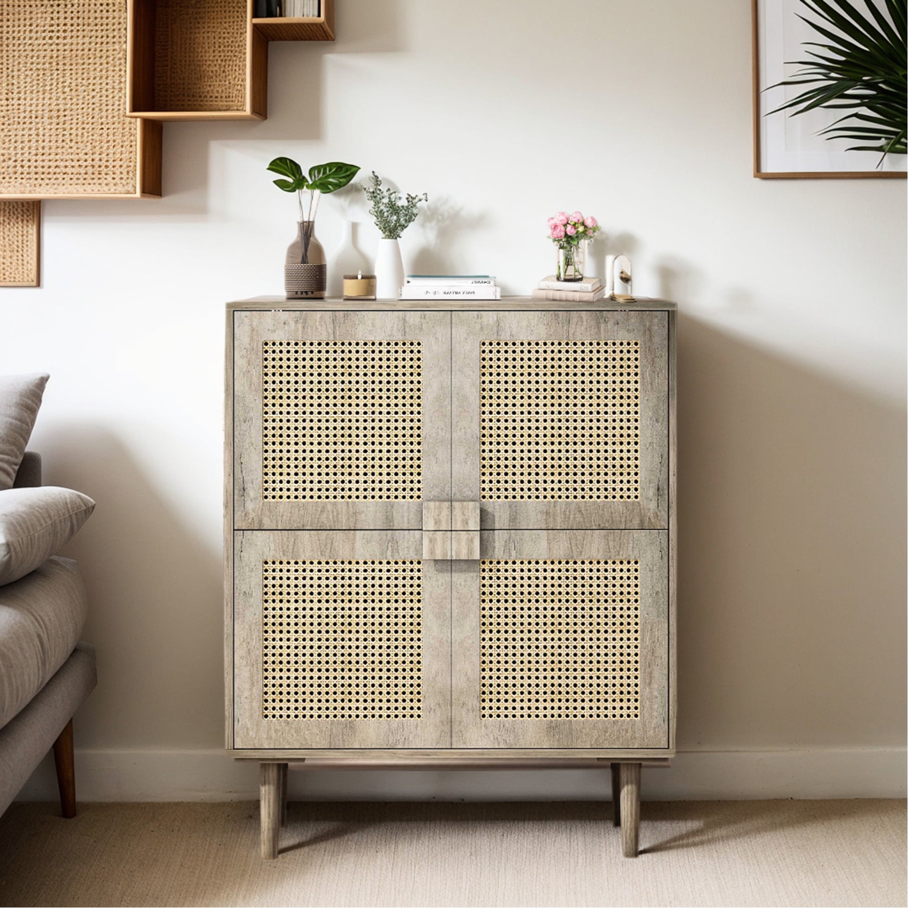 4-doors Mesh Storage Cabinet For Living Room Media - Grey With ...