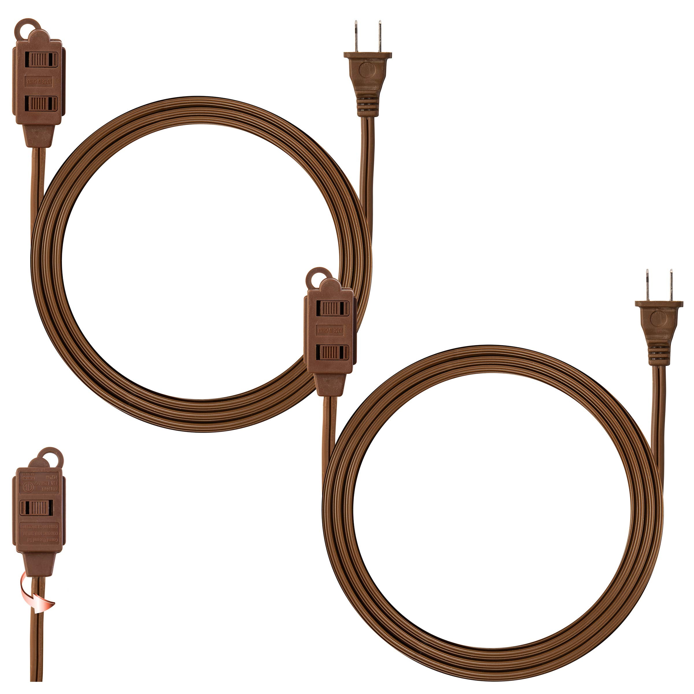 4 feet Brown Extension Cord, 3 Outlet, 2 Prong, 16 Gauge Cable, 3 ...