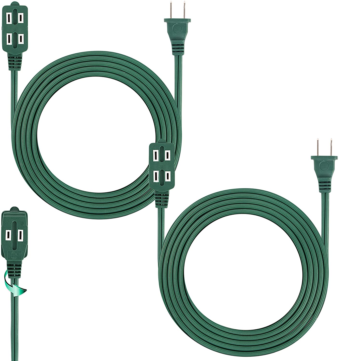 4 feet Green Extension Cord, 3 Outlet 2 Prong 16 Gauge Cable, Indoor ...