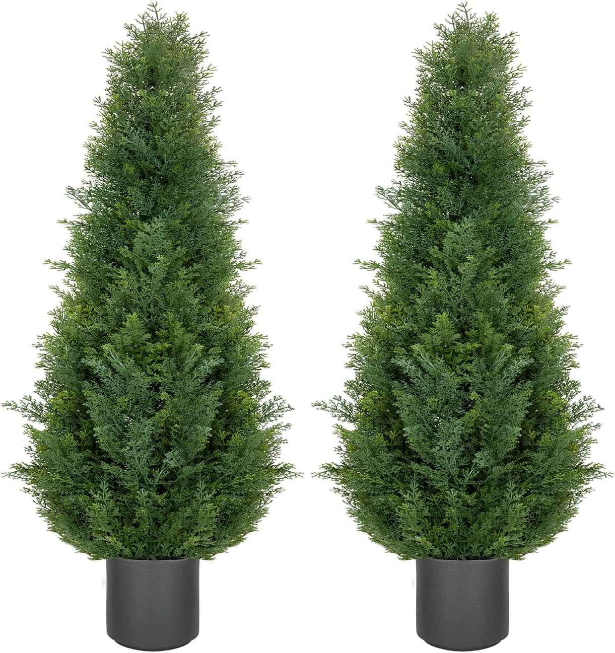 4-foot artificial cedar trim trees with gray planters, realistic ...