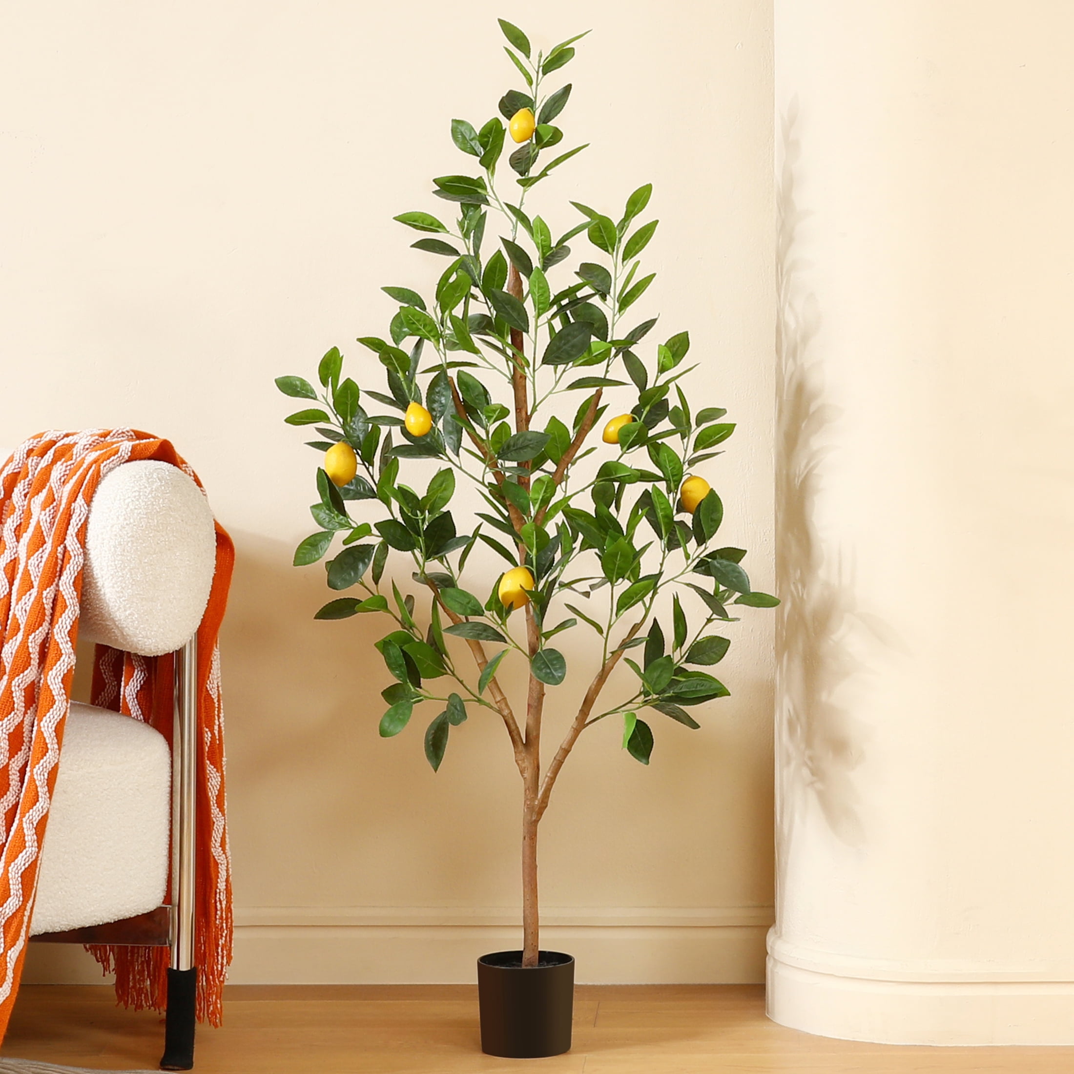 4 ft Faux Lemon Tree with Realistic Leaves, Natural Trunk & Long ...