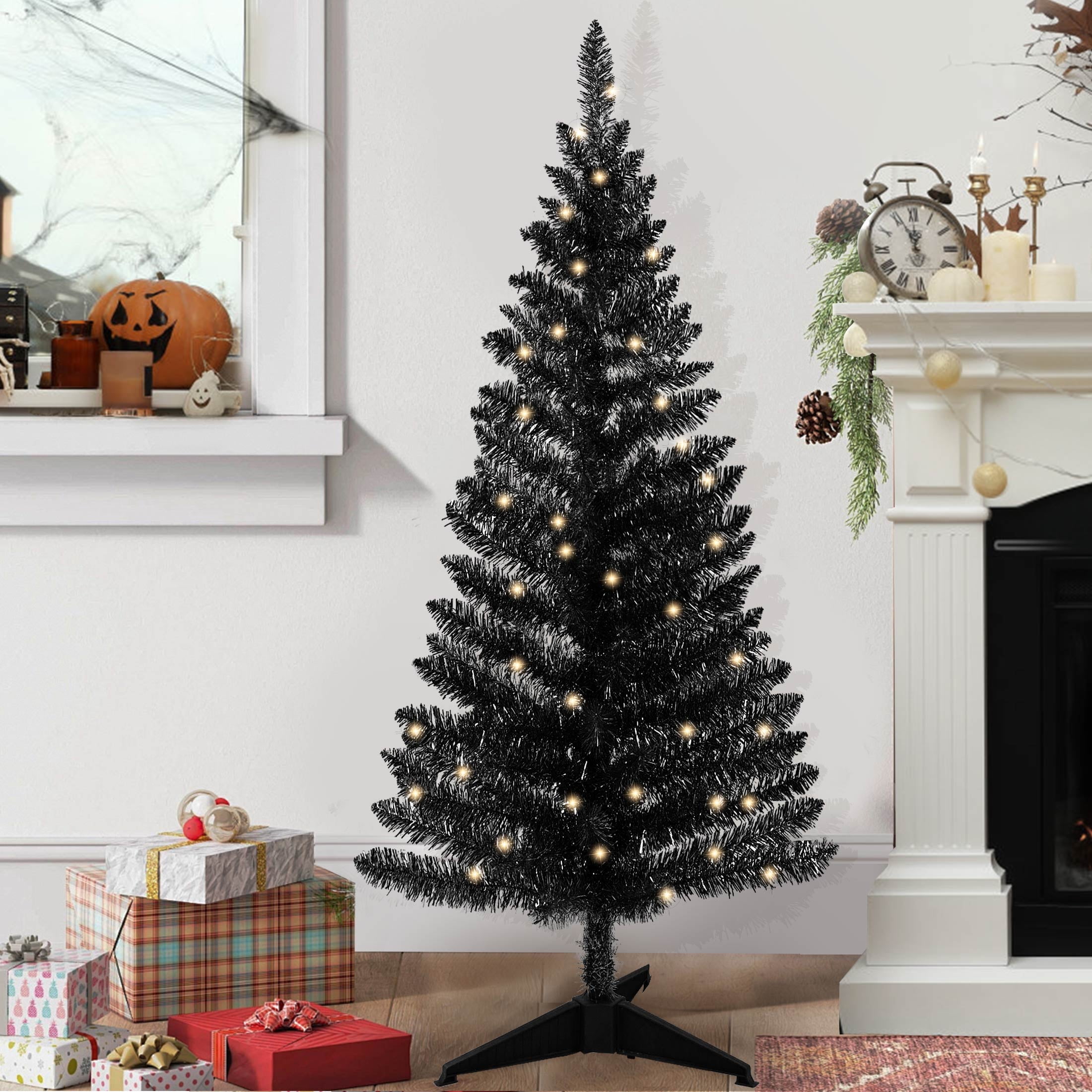 4 ft Black Halloween & Christmas Tree with Lights，Compact Holiday Party ...