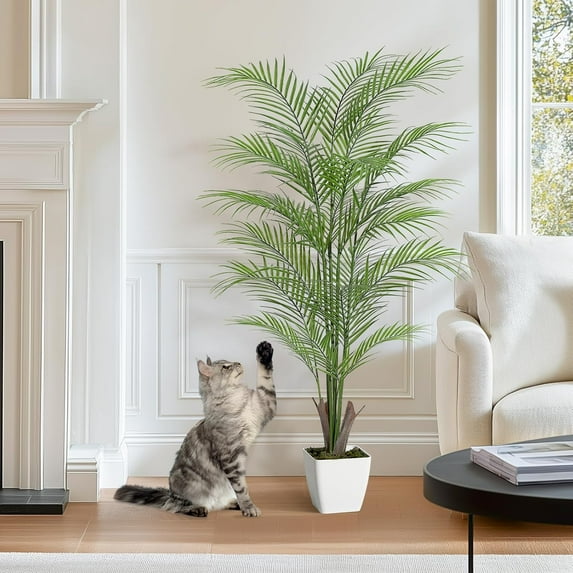 4 ft Fake Palm Tree Faux Areca Palm Plants with 21 Full Lifelike Palm ...