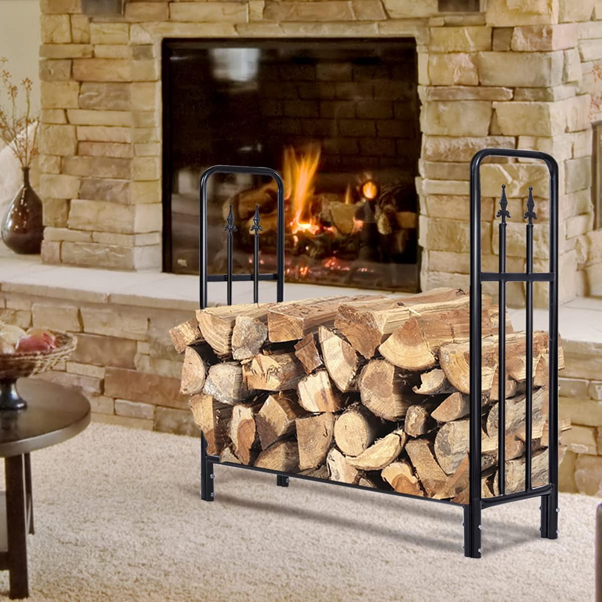 4 ft Firewood Log Rack, Indoor and Outdoor Wood Storage Rack Holder ...