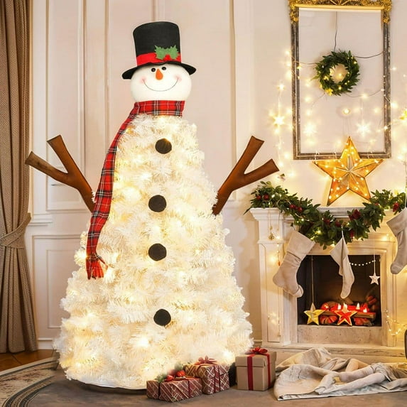 4 ft Pre-lit Christmas Tree with 100 Lights, Snowman-Shaped Artificial ...