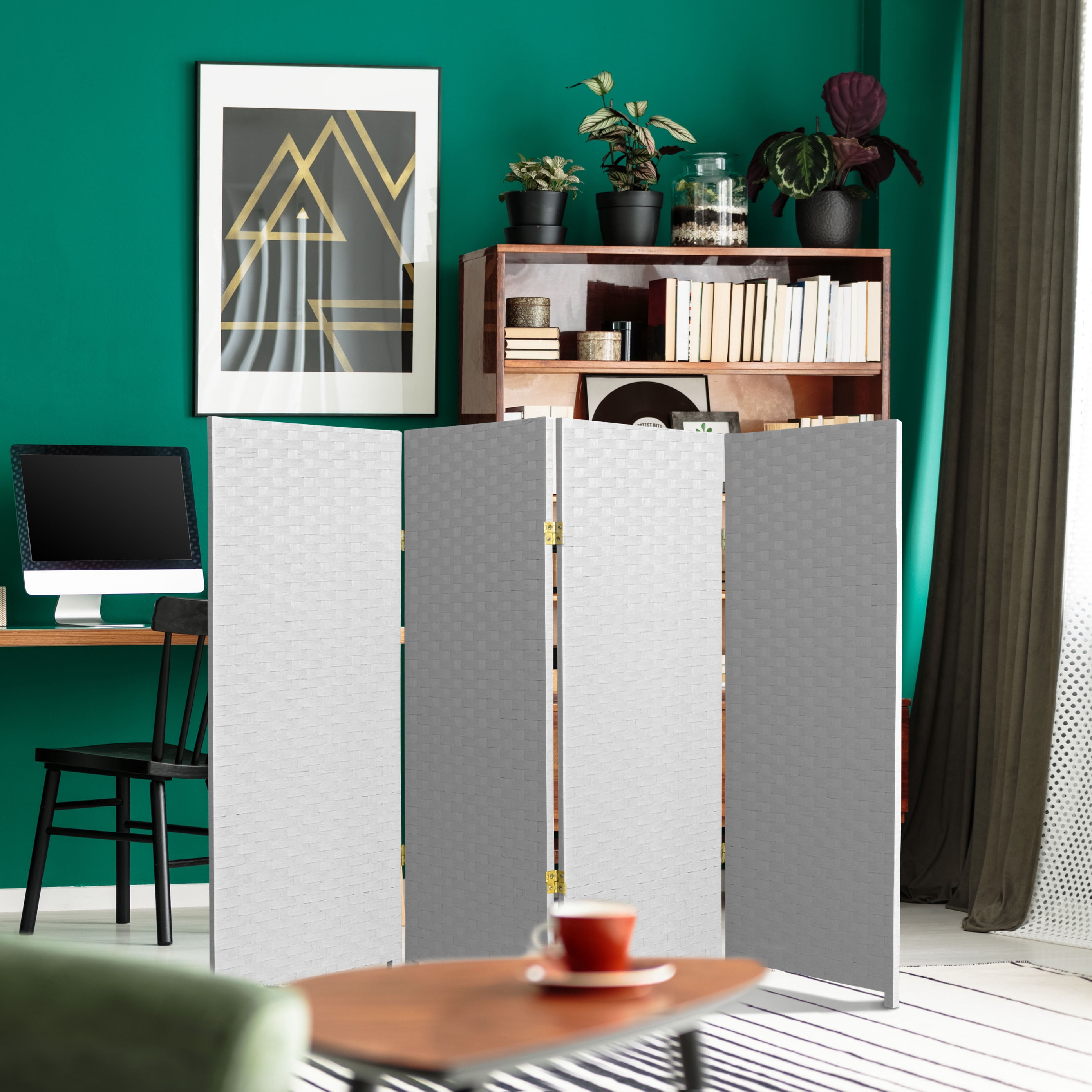 4 ft. Tall Woven Fiber Panel Screen Room Divider - White - 4 Panel ...
