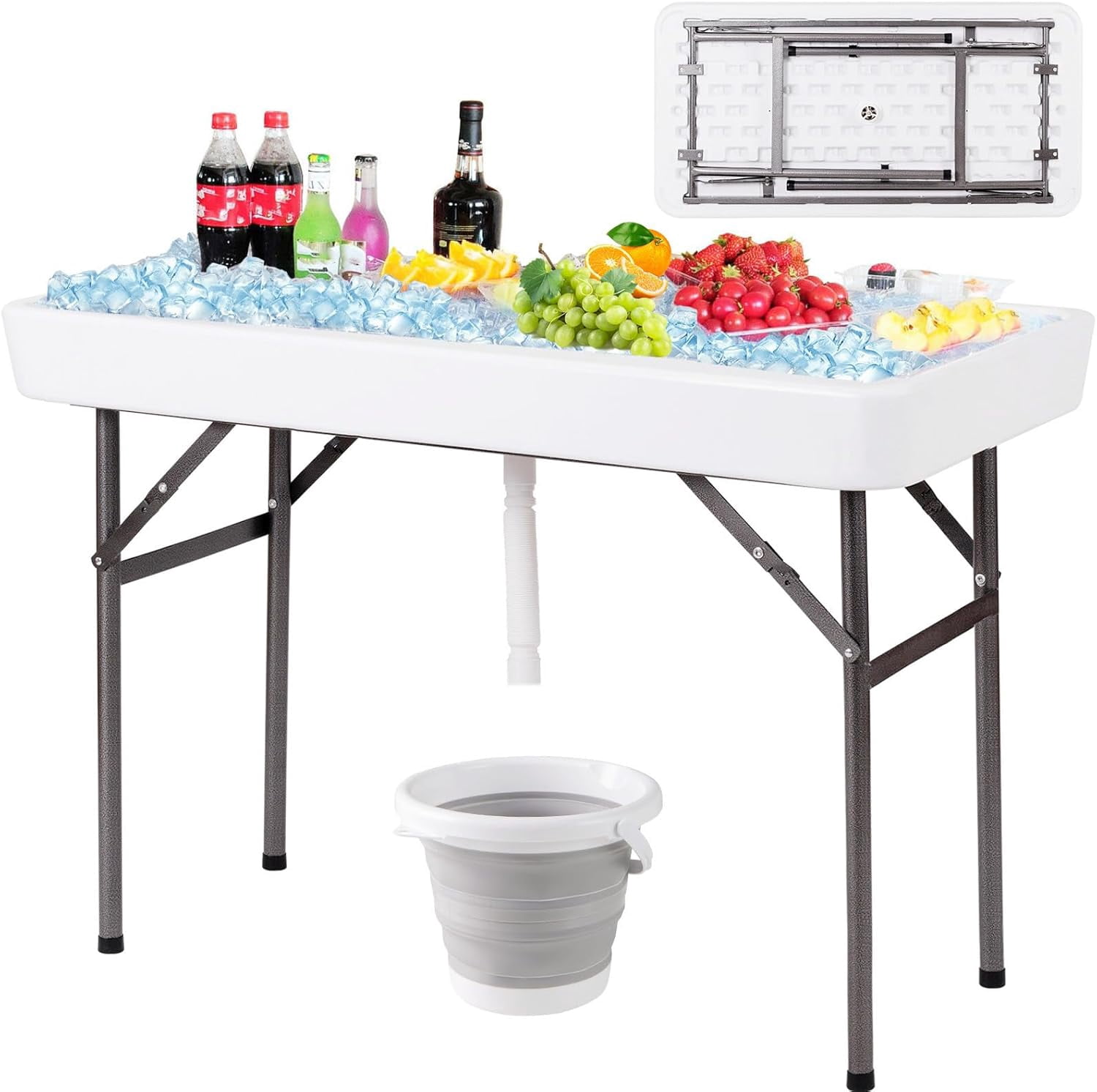 **4 ft folding ice cooler table with drain & bucket, removable skirt ...