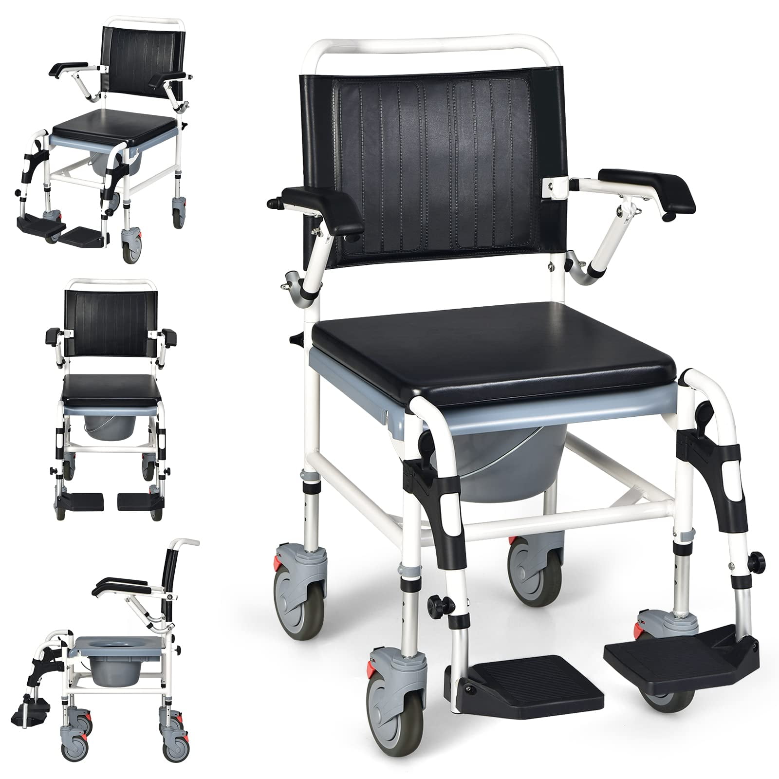 4-in-1 Adjustable Height Shower Commode Chair with Locking Wheels ...