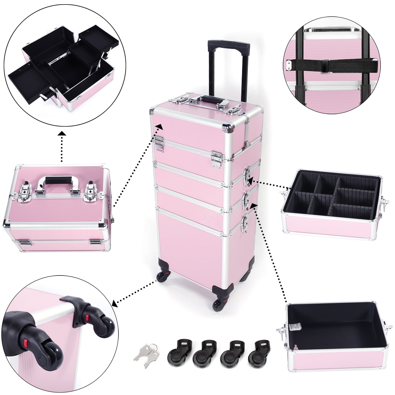 4-in-1 Aluminum Rolling Makeup Case with Lockable Trolley, Wheels ...