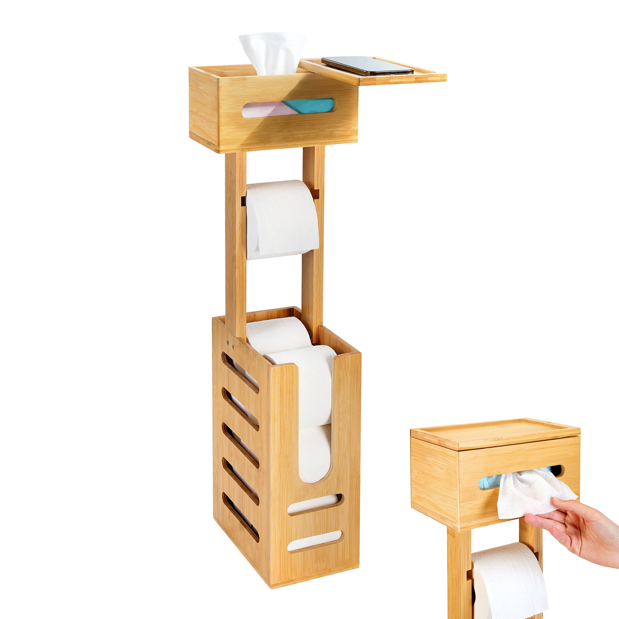 4-in-1 Bamboo Toilet Paper Holder Stand, Free Standing Toilet Paper ...