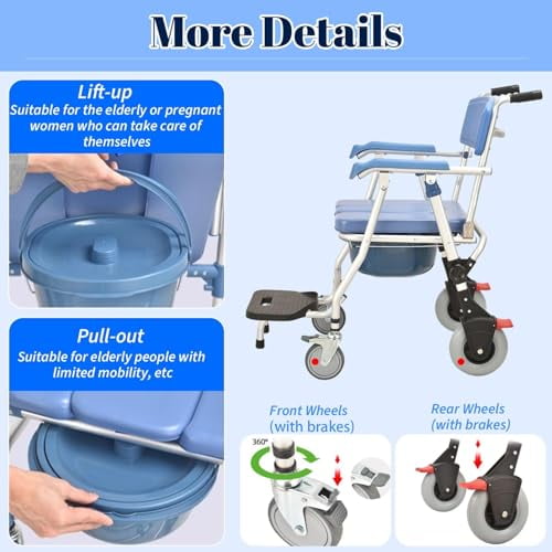 4-in-1 Bedside Commode Shower Wheelchair, Folding Shower Commode Chair ...