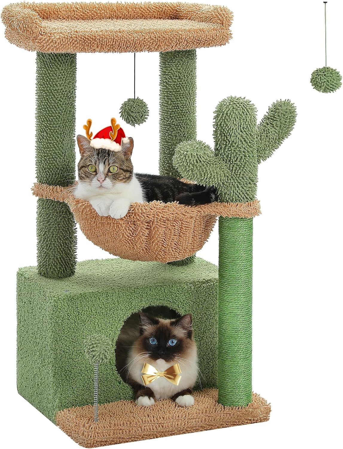 4-in-1 Cactus Cat Tree, 33'' Cat Tower for Indoor Cats with Large Cat ...