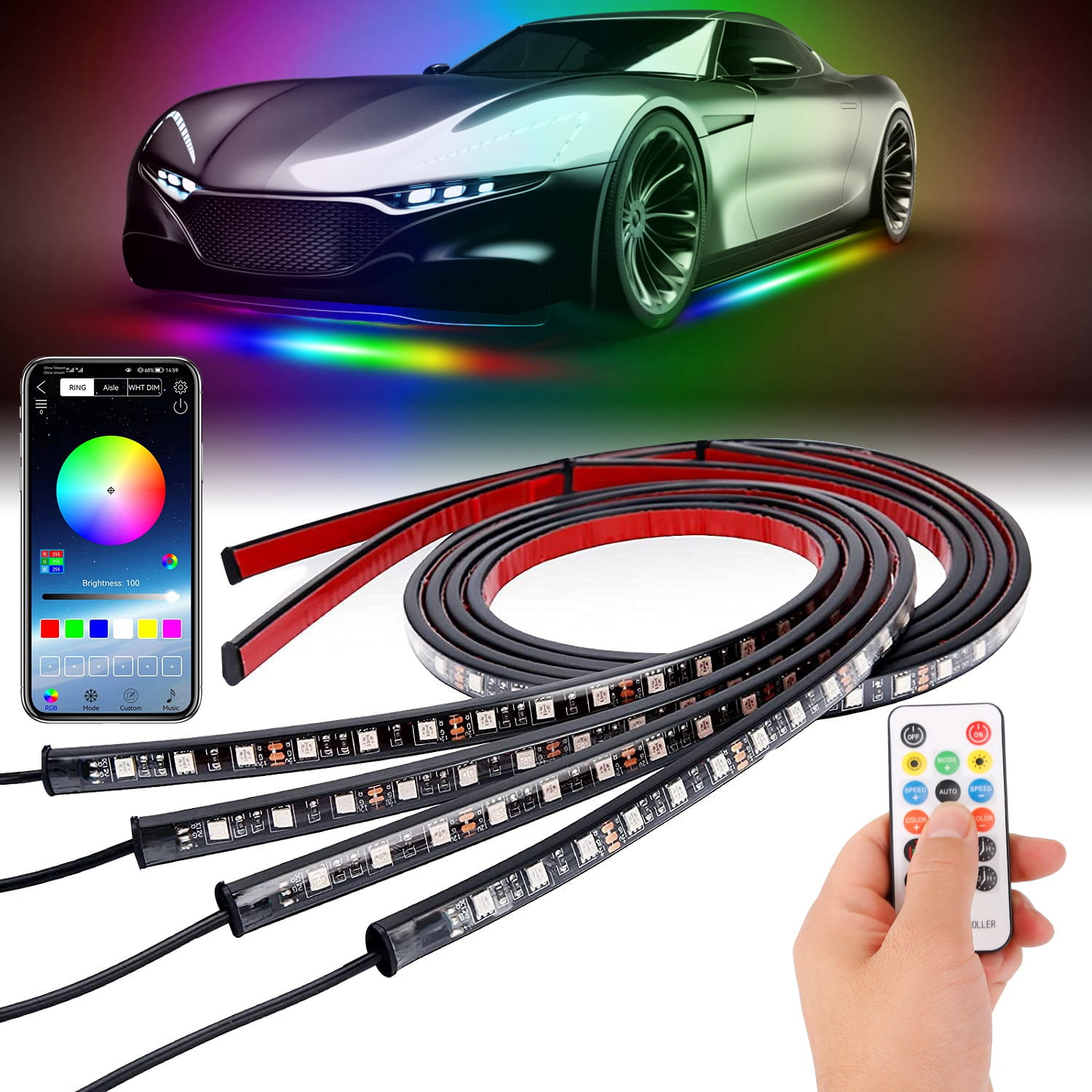 4-in-1 Car LED Neon Undercar Glow Light, Moclever Atmosphere Decorative ...