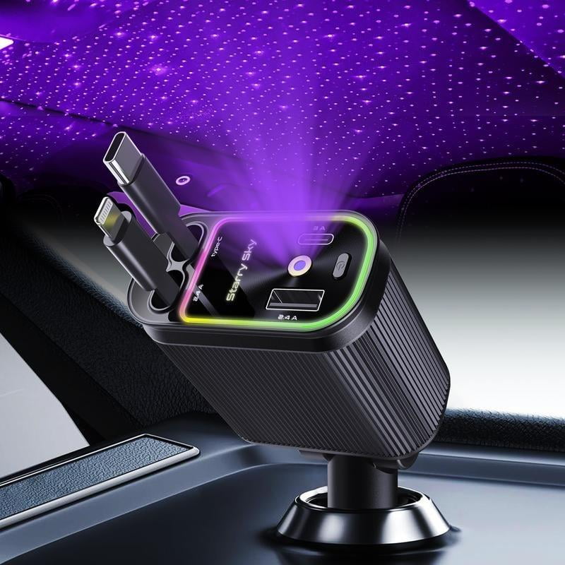 4-in-1 Car Roof Super Fast Retractable Car Charger with Anti-Tangle ...
