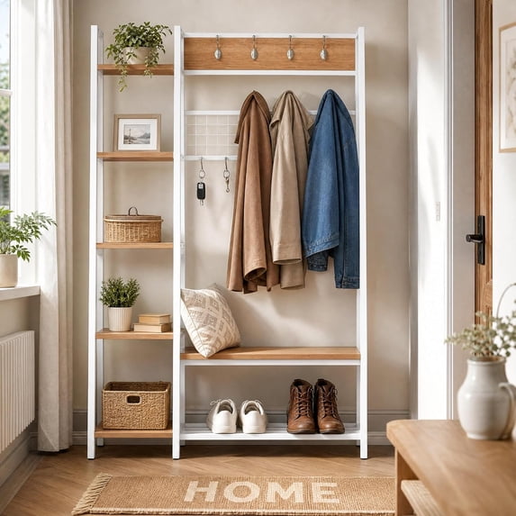 4-in-1 Coat Rack Hall Tree – Entryway Bench with Shoe Storage & 8 ...