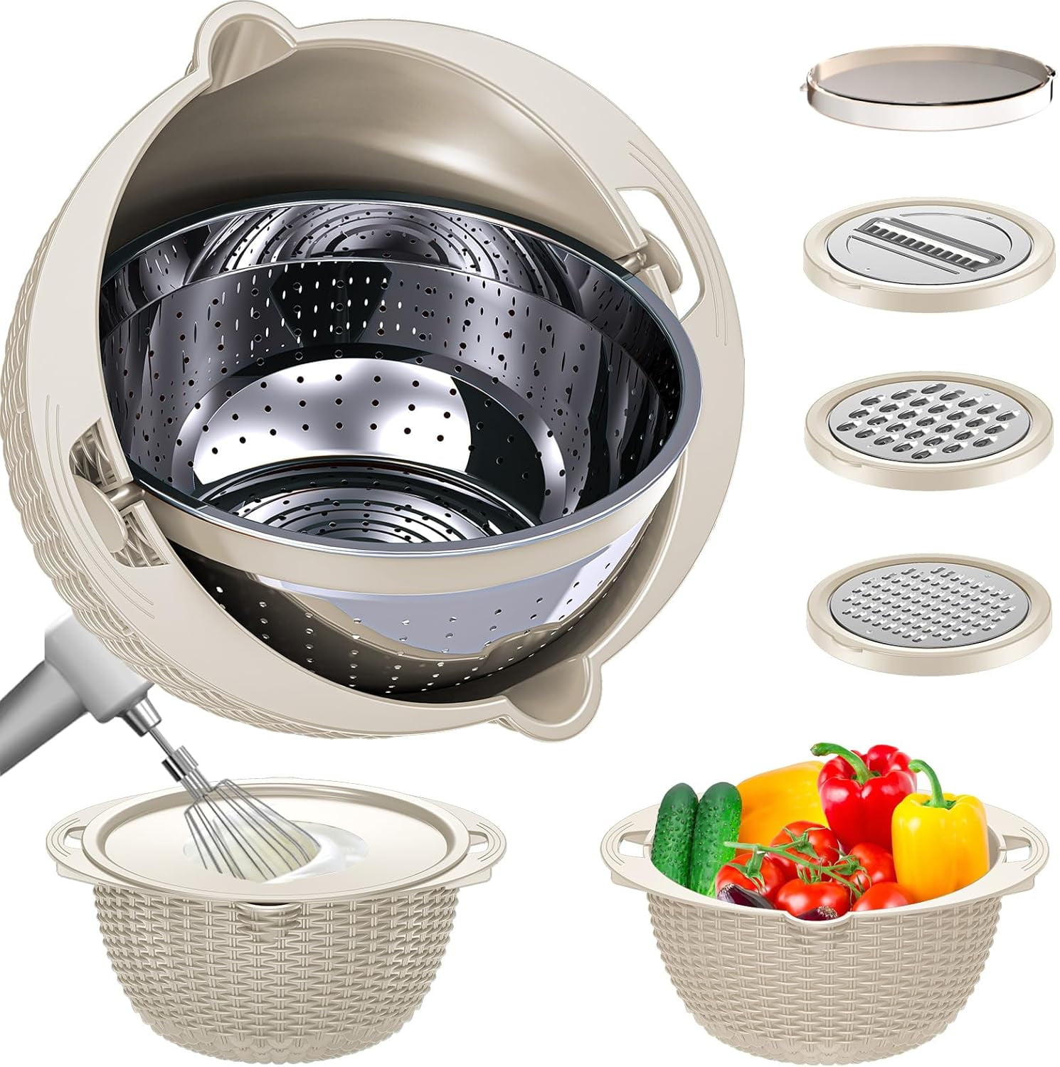 HUIZHI 4-in-1 Stainless Steel Colander and Mixing Bowl Set with Fruit ...