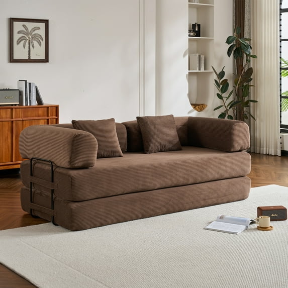 4-in-1 Convertible Corduroy Sleeper Sofa Bed with Cylindrical Pillow ...