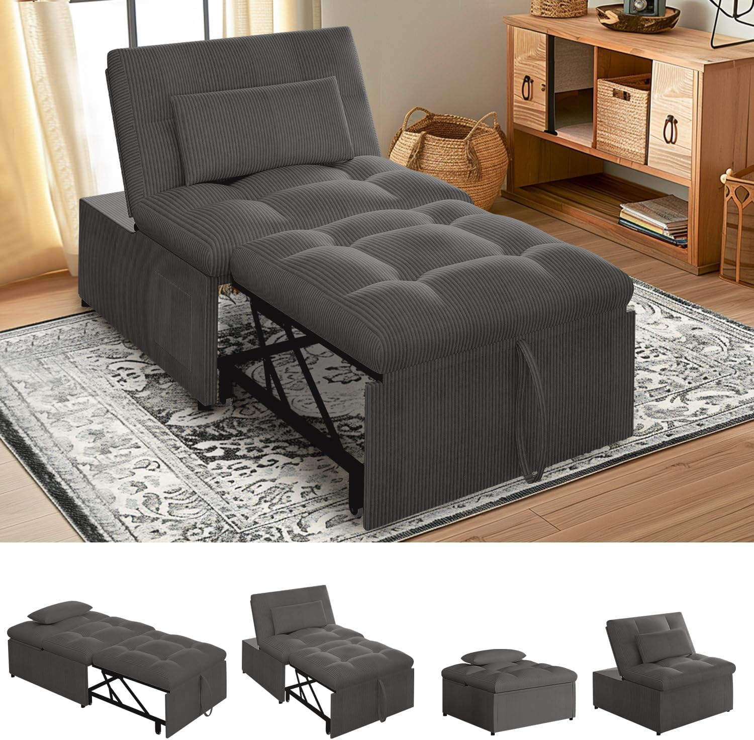 4-in-1 Convertible Sleeper Chair Bed with Adjustable Backrest Pillows Futon Sofa Bed with Side ...