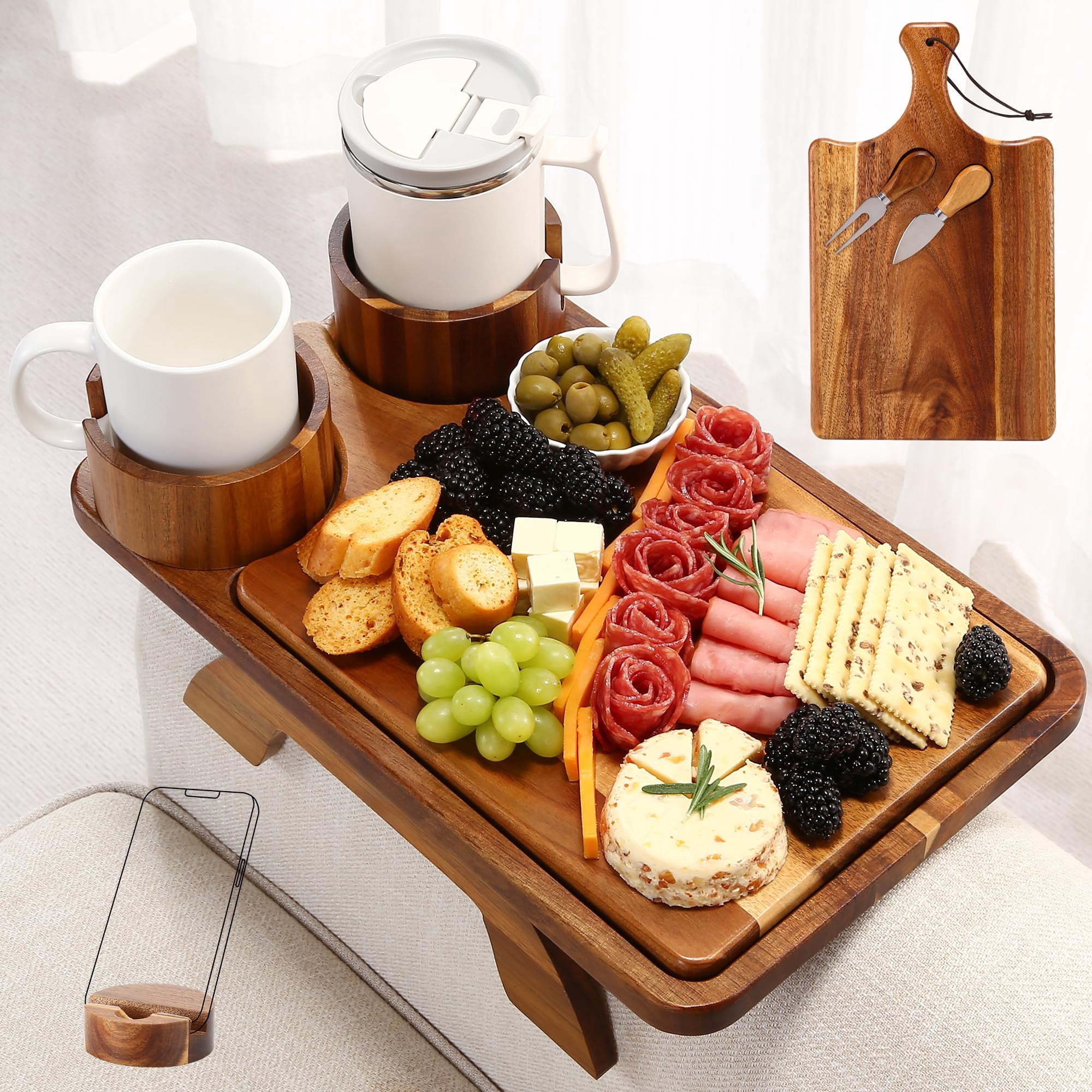 4-in-1 Couch Armrest Tray with Cheese Board, Rotating Cup Holders and ...