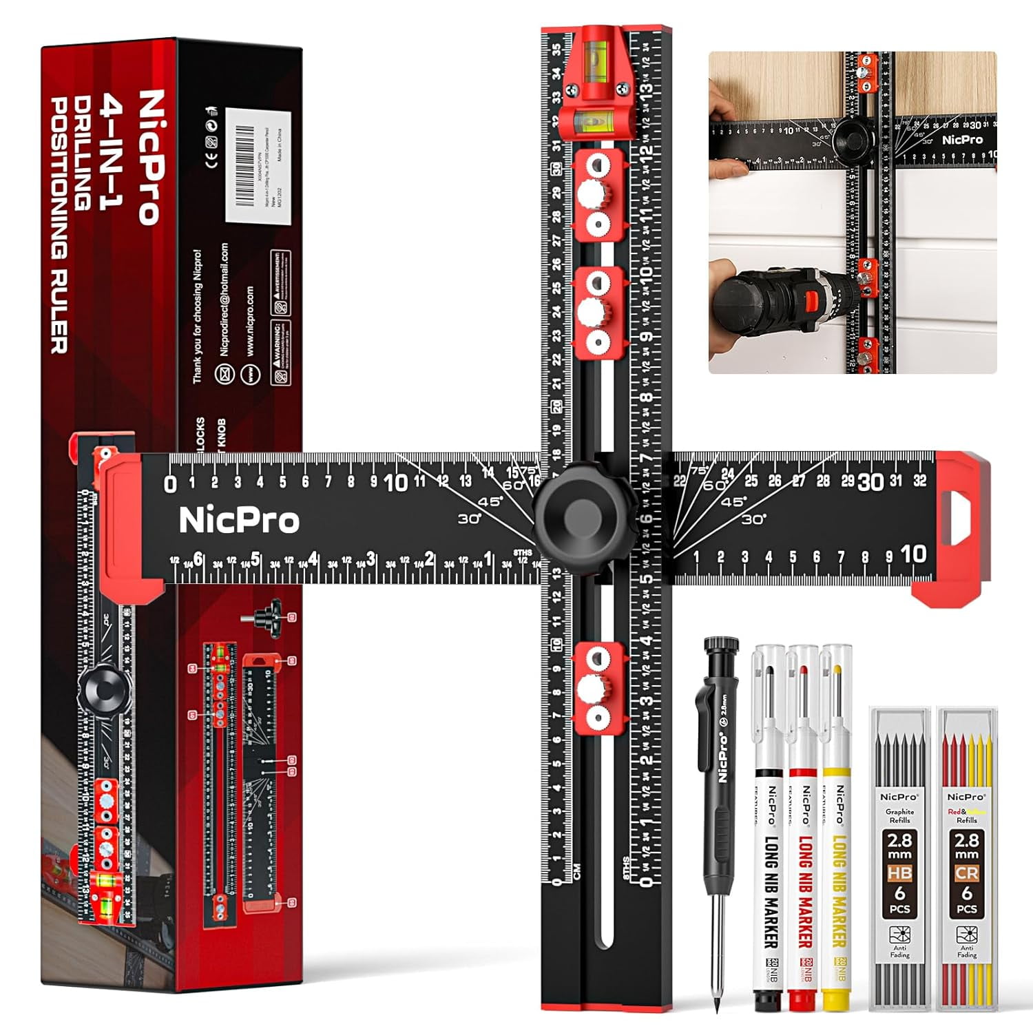 4-in-1 Drilling Positioning Scribing Ruler, Adjustable Multifunctional ...