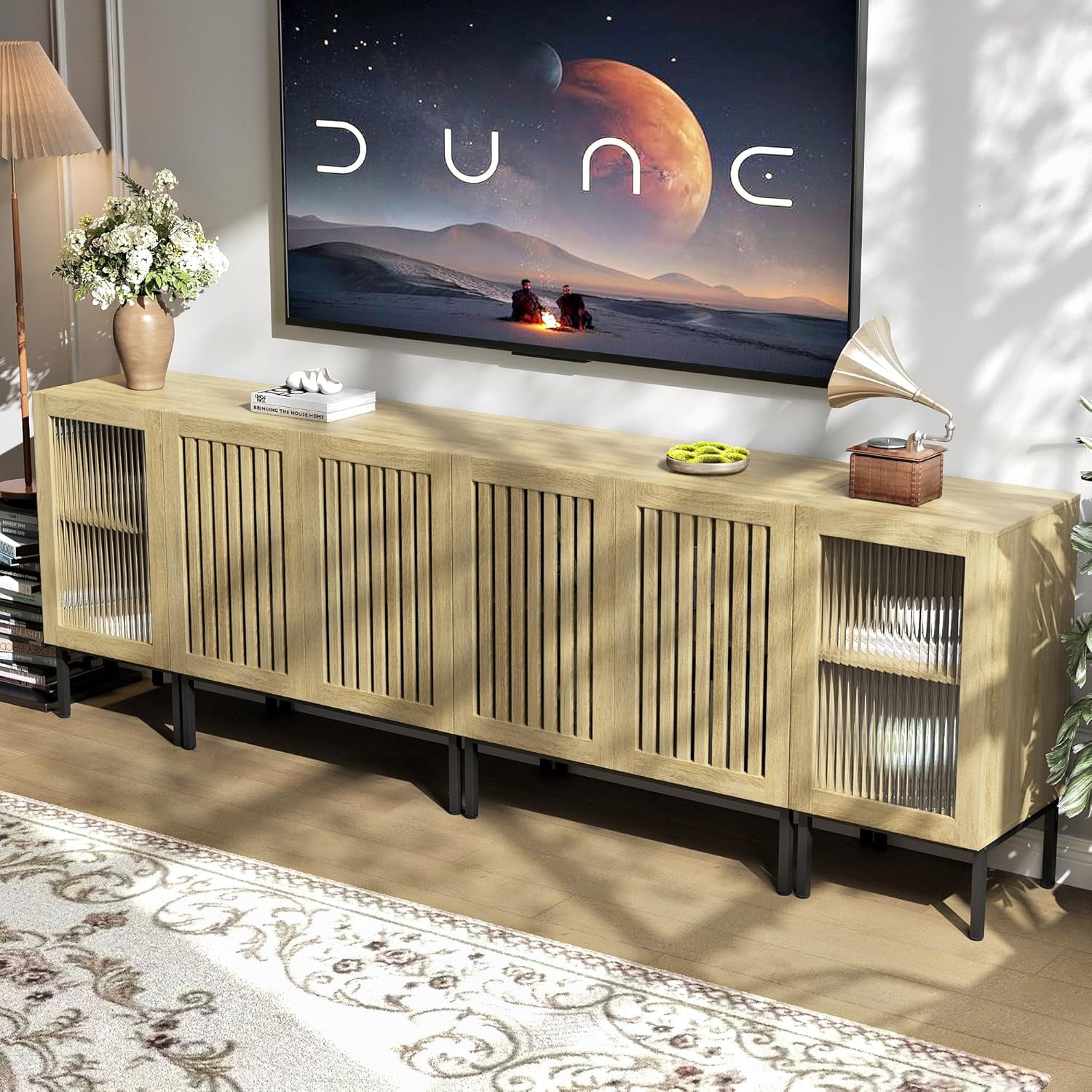 4-in-1 Farmhouse TV Stand with Storage Cabinets & Tempered Glass Doors ...