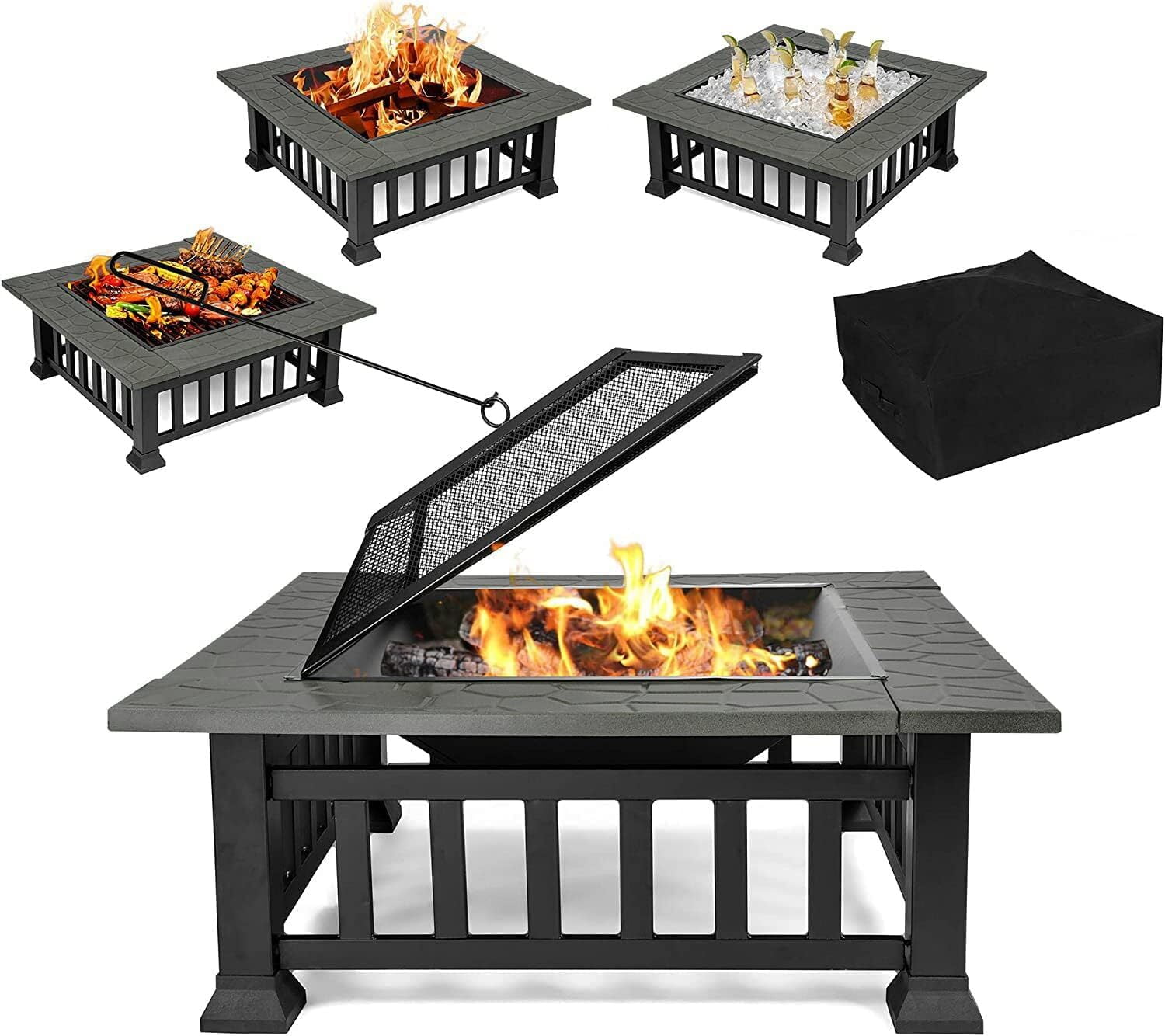 4-in-1 Fire Pit Table for Outside, 32'' Fire Pit Grill Outdoor Wood ...