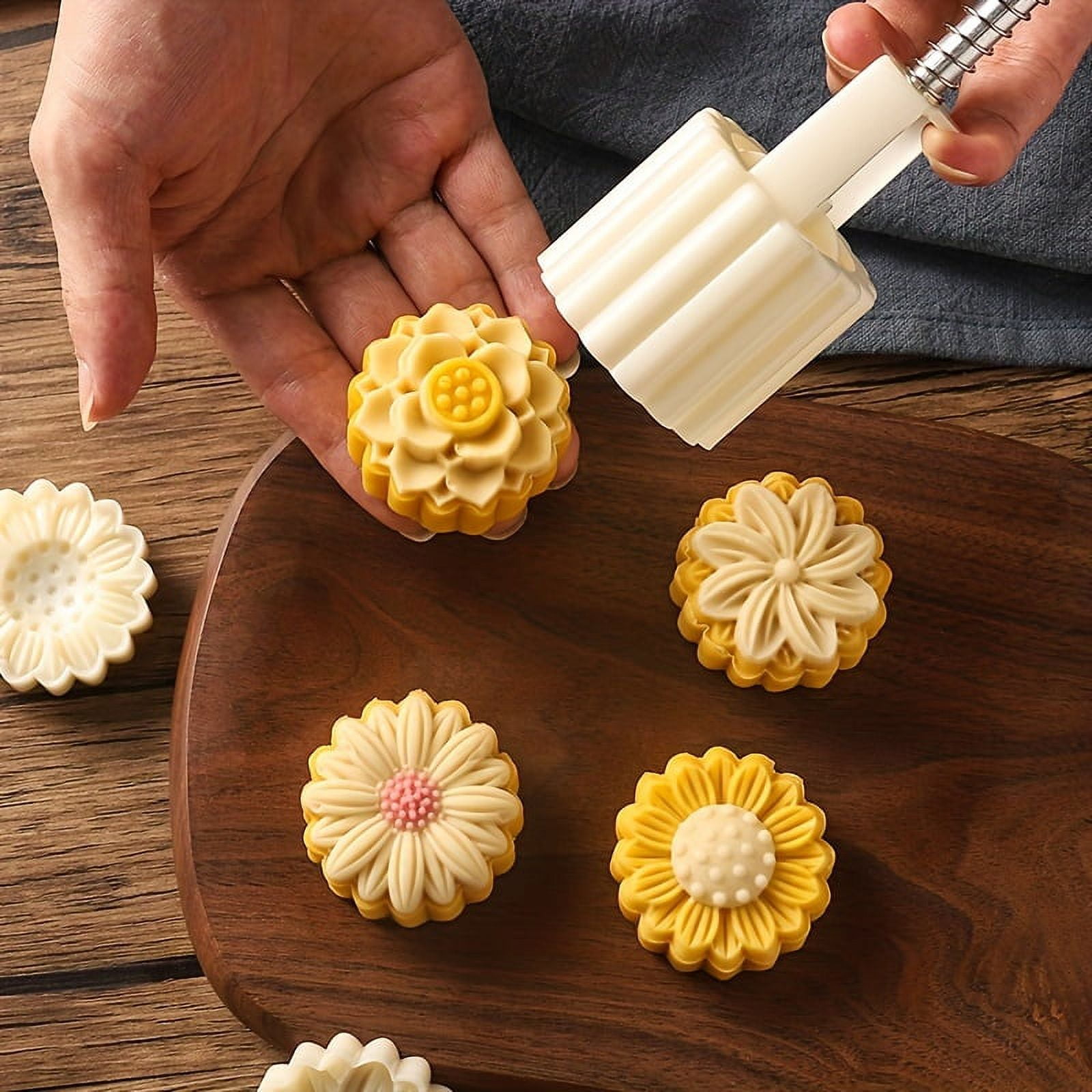 4-in-1 Floral Moon Cake & Pastry Mold Kit - DIY Hand Press Design with ...