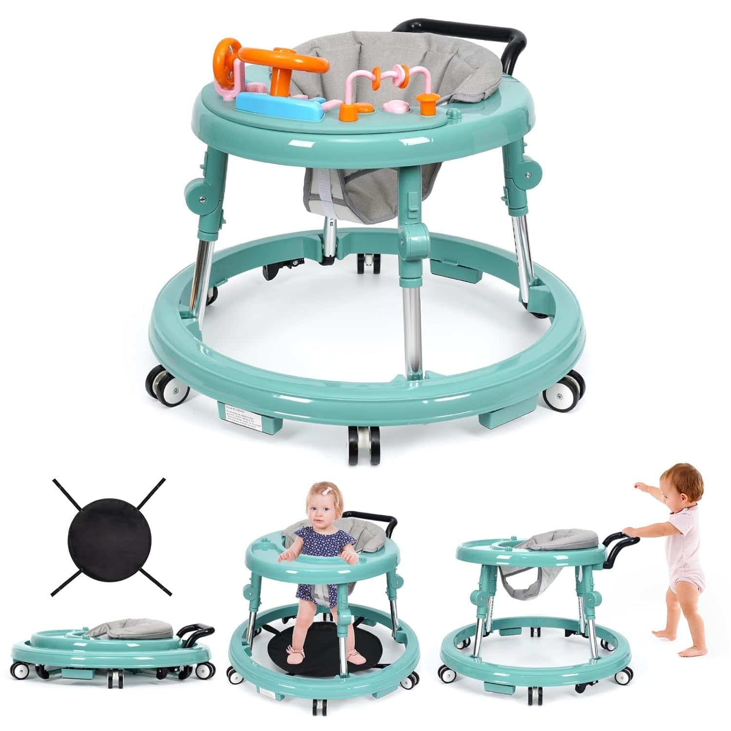 4-in-1 Foldable Baby Walker with Music & Lights, Sit-to-Stand Push ...