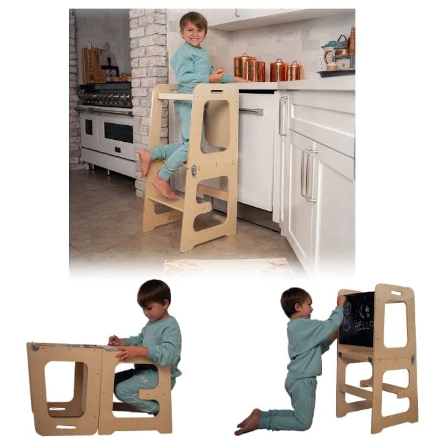 4-in-1 Foldable Kitchen Tower for Toddlers | Step Stool with Chalkboard ...