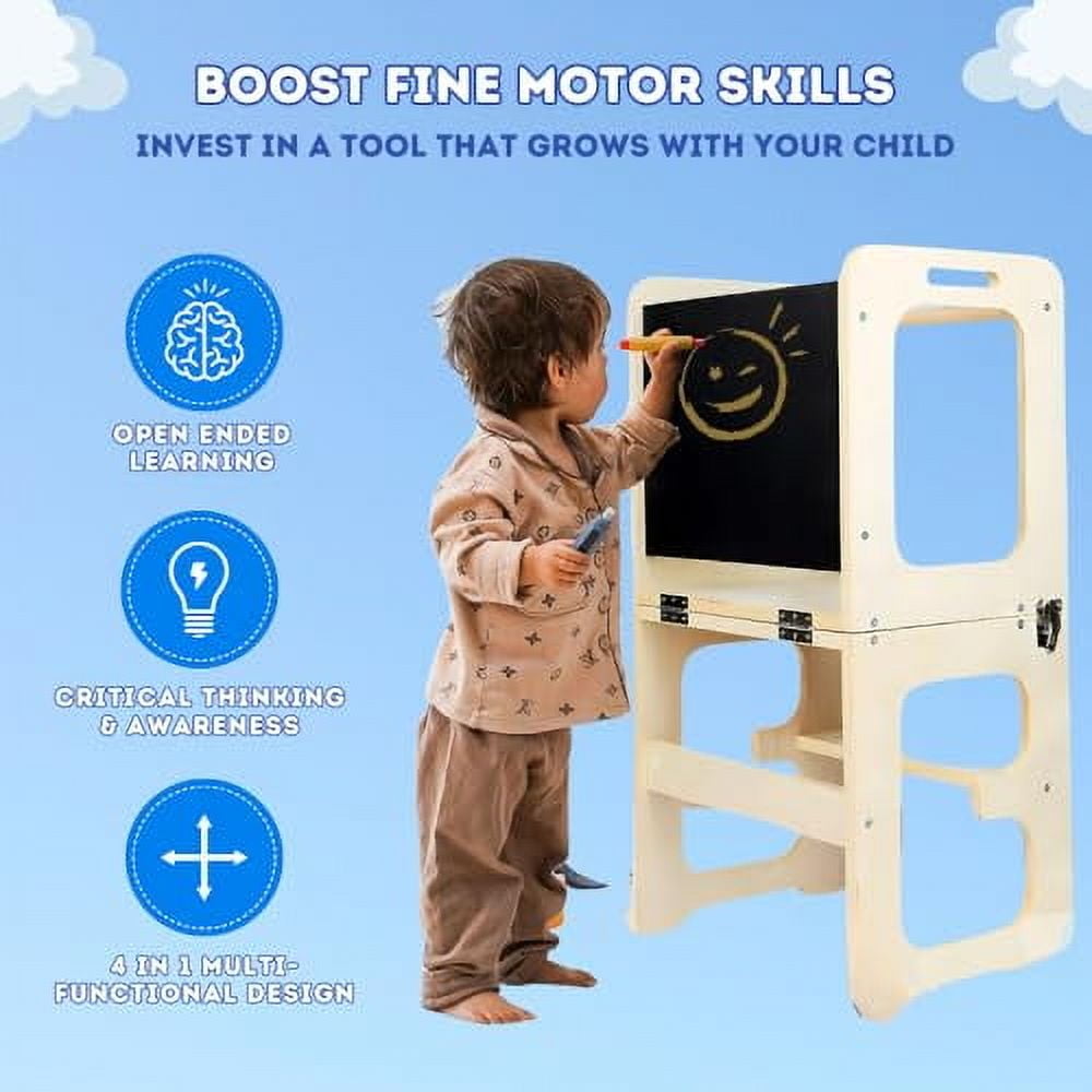 4-in-1 Foldable Learning Kitchen Tower, Stool with Chalkboard, Desk ...