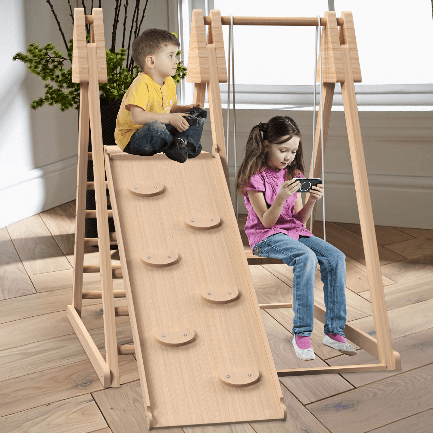 4-in-1 Foldable Toddler Playset Wooden Montessori Triangle Climbing Gym ...