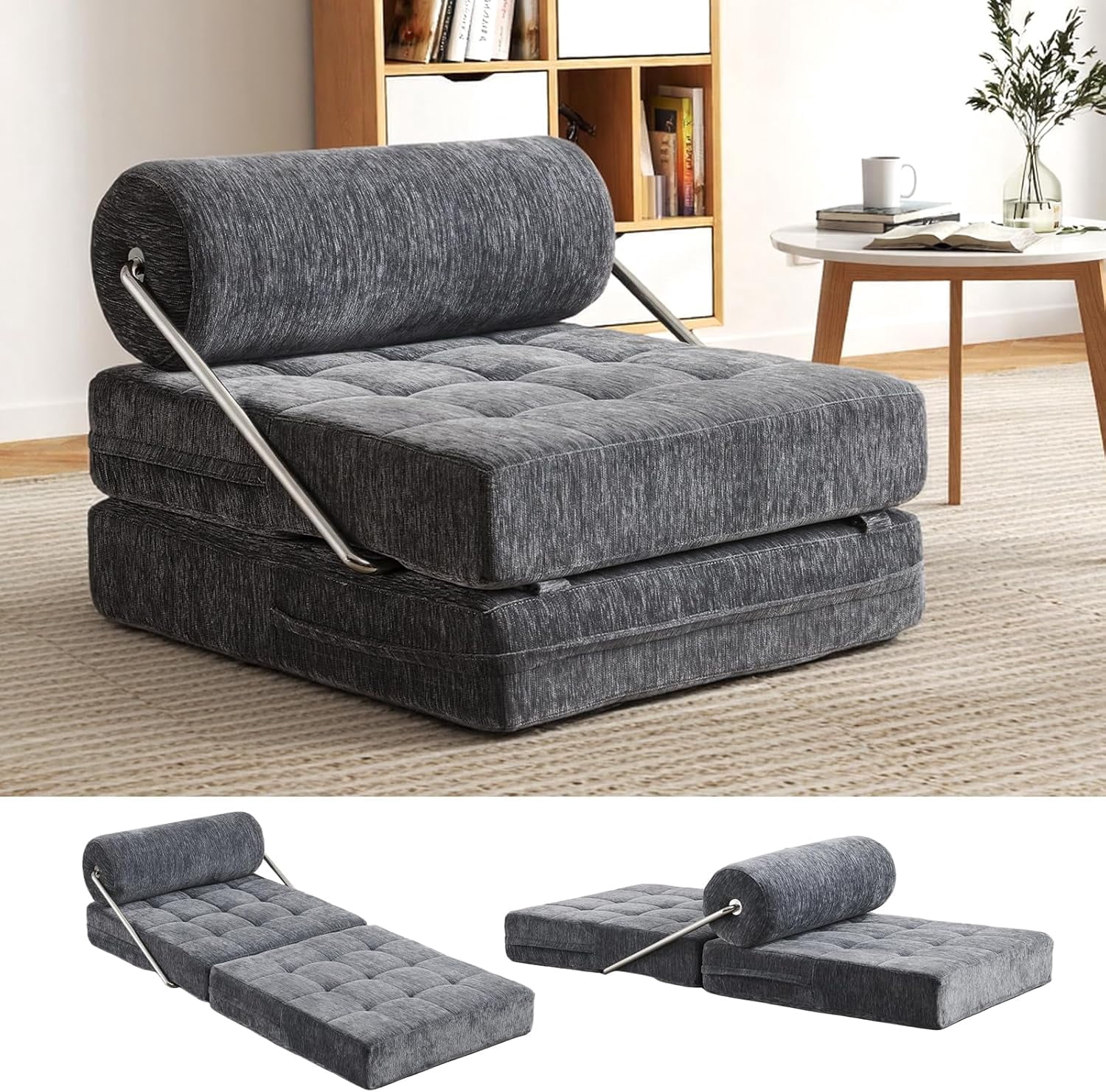 4-in-1 Folding Sofa Bed, Easy Assembly Chenille Boneless Couch ...