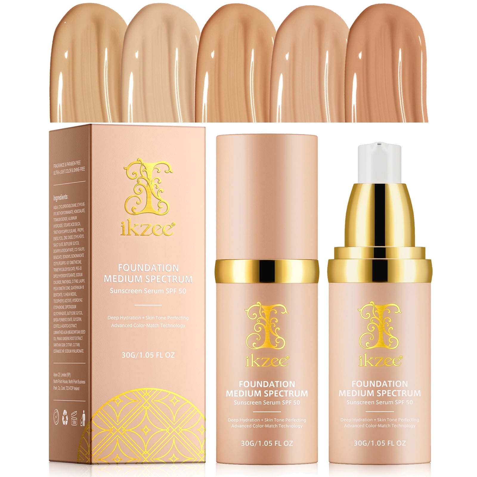 IKZEE 4-in-1 Foundation Medium Spectrum, SPF 50, Deep Hydration, 30g, 2 ...