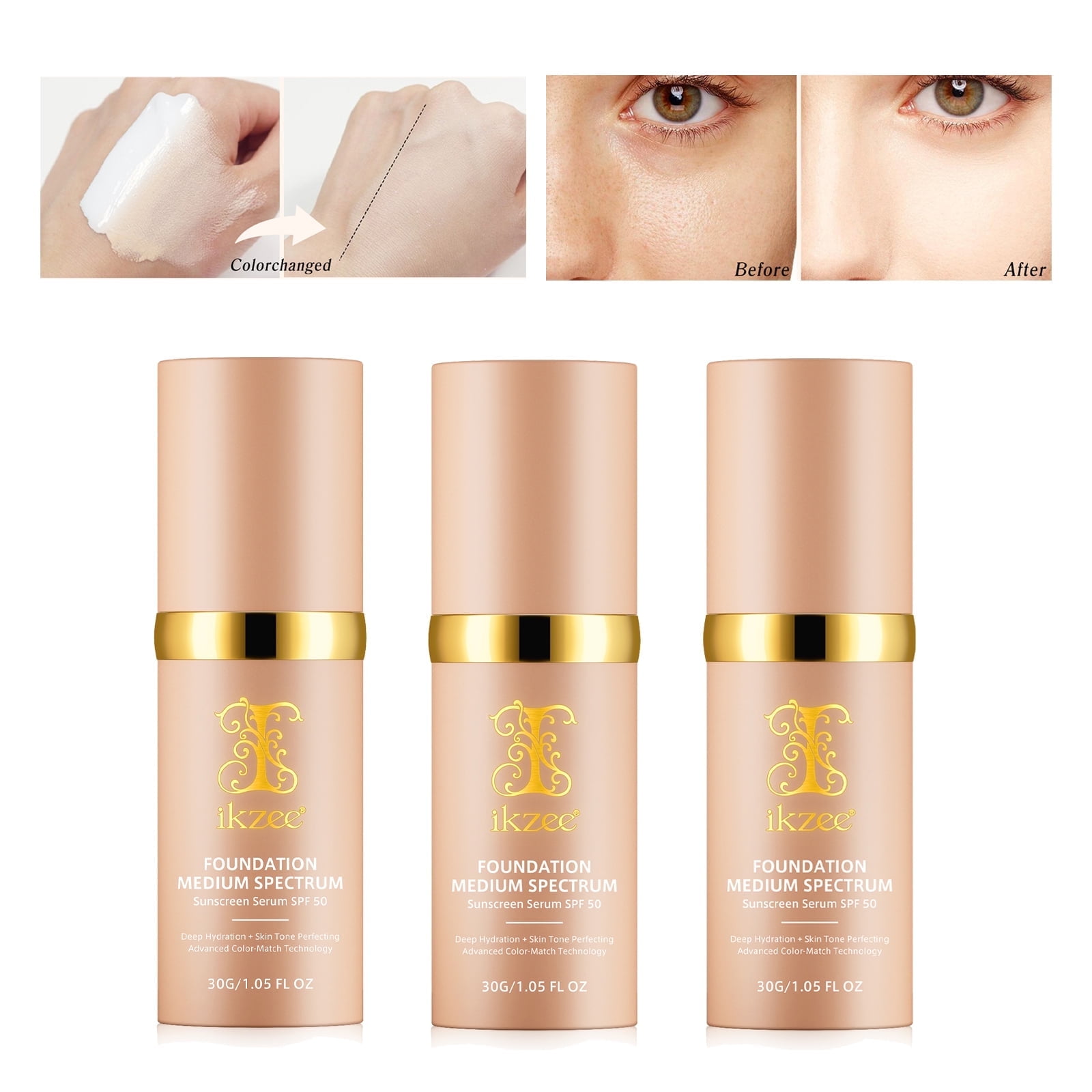 IKZEE 4-in-1 Foundation Medium Spectrum 3 Pack, Color Changing, SPF 50 ...