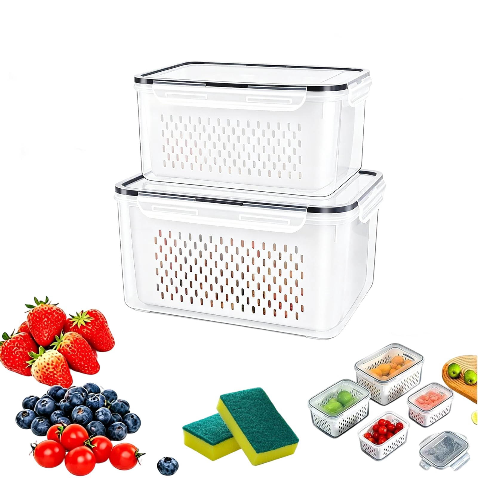 4-in-1 Fridge Produce Saver Containers with Colander for Fruit and ...
